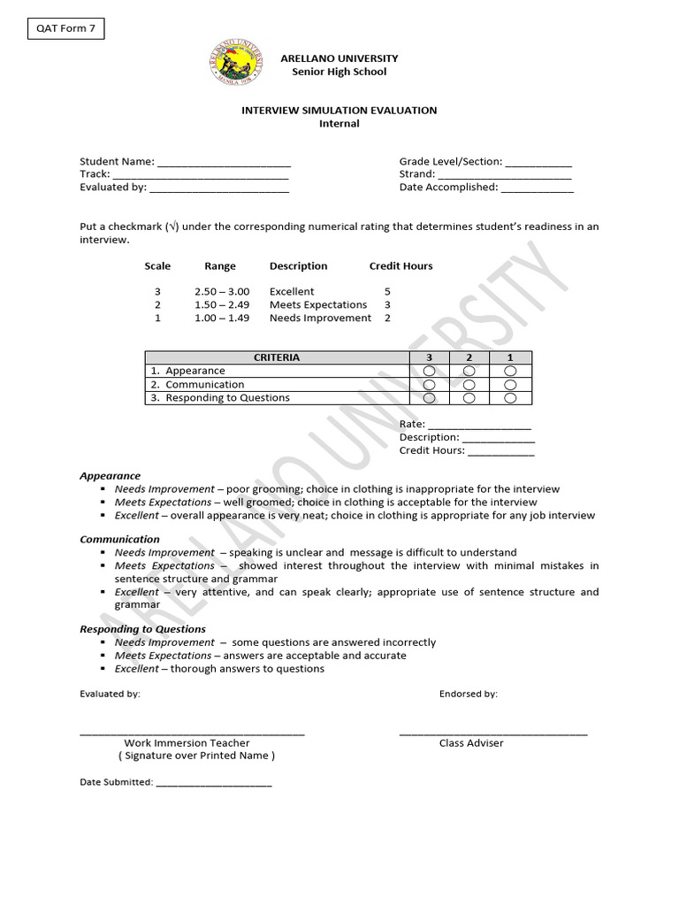 QAT Form 7 Interview Simulation Rubrics | PDF | Rubric (Academic ...