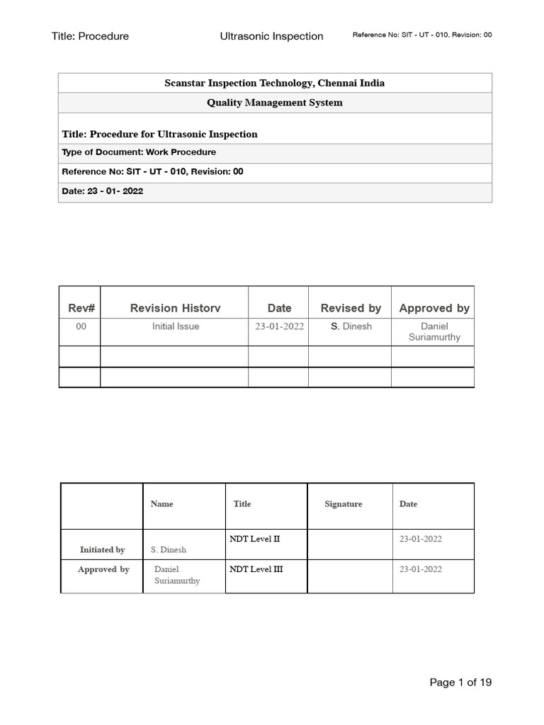 Ultrasonic Testing Procedure Reference No: SIT - UT - 010, Revision: 00 ...