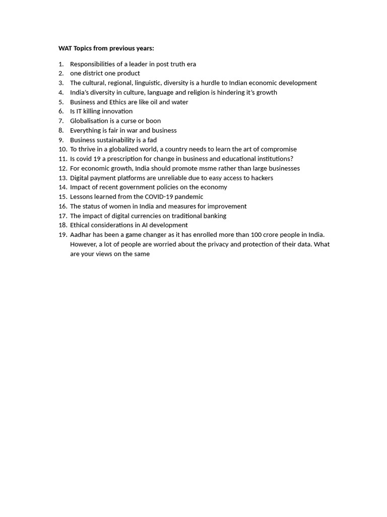 Key WAT Topics for Discussion 2023 | PDF