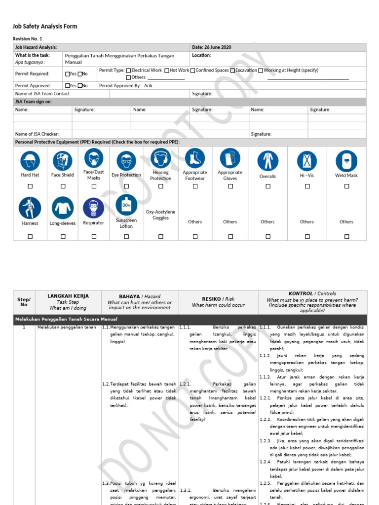 JSEA - Penggalian Tanah Menggunakan Perkakas Manual | PDF