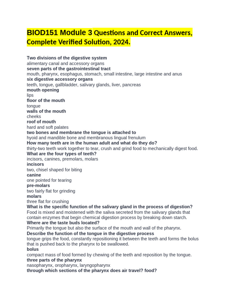 BIOD151 Module 3: Questions and Correct Answers, Complete Verified ...