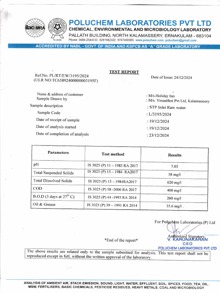 Holiday STP IN RAW WATER | PDF | Environmental Science | Chemistry