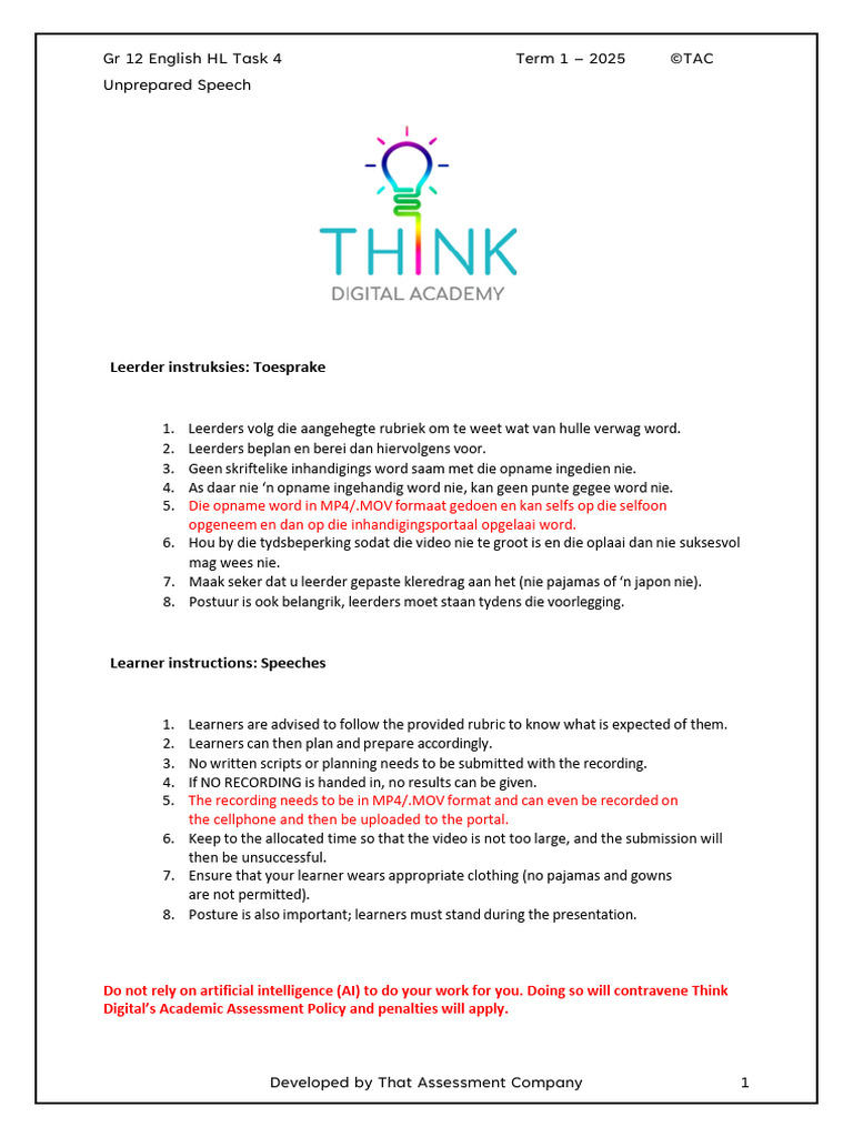Grade 12 Unprepared Speech Guidelines | PDF | Body Language | Learning
