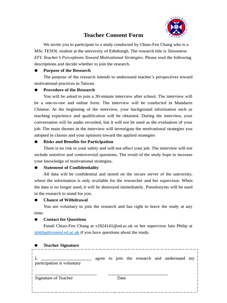Teacher Consent Form and Interview Guide | PDF | Learning | Motivation