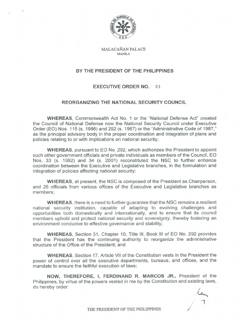 Executive Order No. 81 Reorganizing The National Security Council | PDF