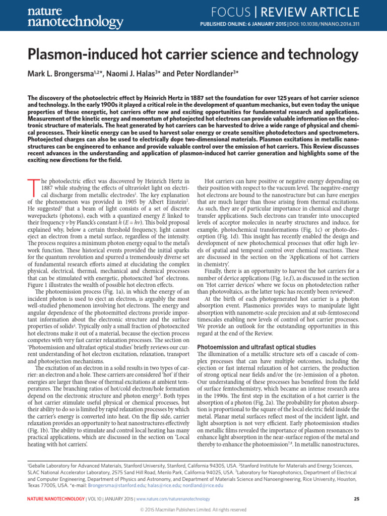 Plasmon-induced hot carrier science and technology | PDF | Electron | Photoelectric Effect