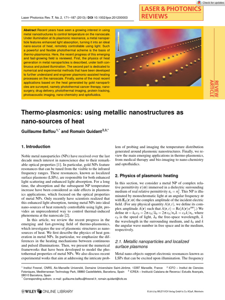 Thermo-plasmonics using metallic nanostructures as nano-sources of heat | PDF | Optics ...