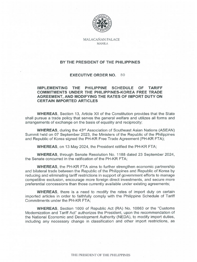 Executive Order No. 80 Implementing The Philippine Schedule of Tariff ...