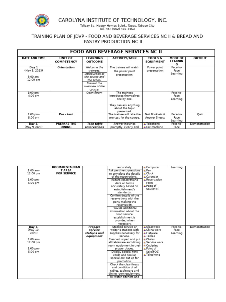 JDVP Fbs BPP Training Plan | PDF | Tableware | Menu