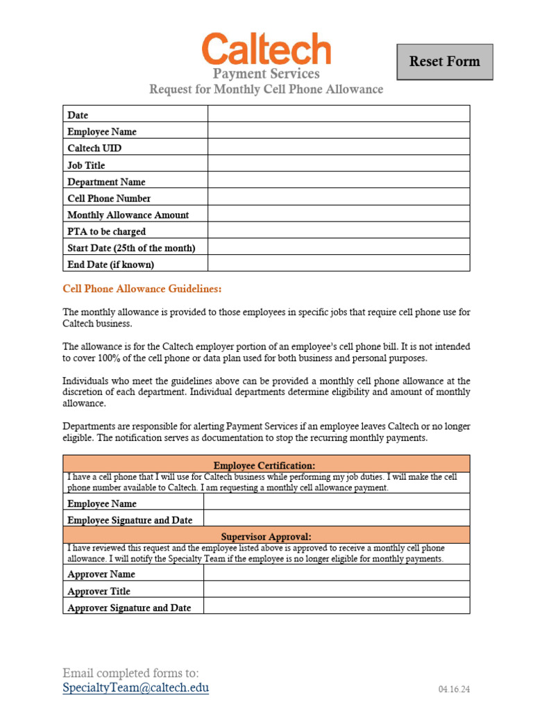 Cell Phone Allowance Form | PDF