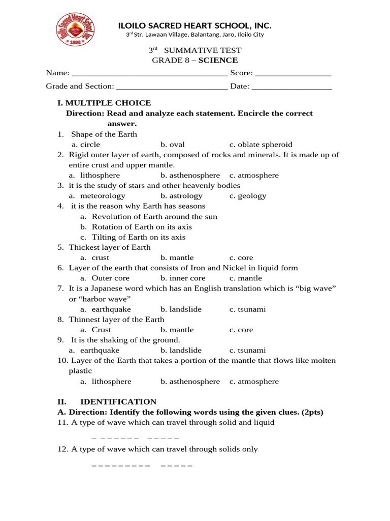 Grade 8 Science 3rd Summative Test | PDF | Earth | Earthquakes