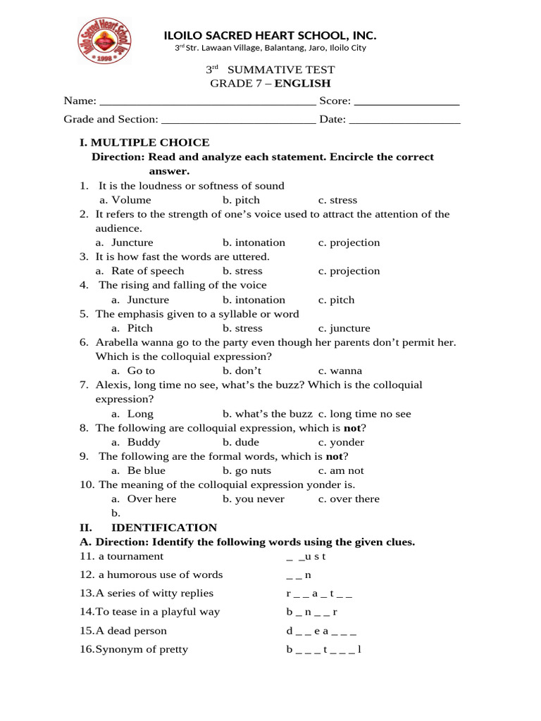 Grade 7 English 3rd Summative Test | PDF | Stress (Linguistics) | Human ...