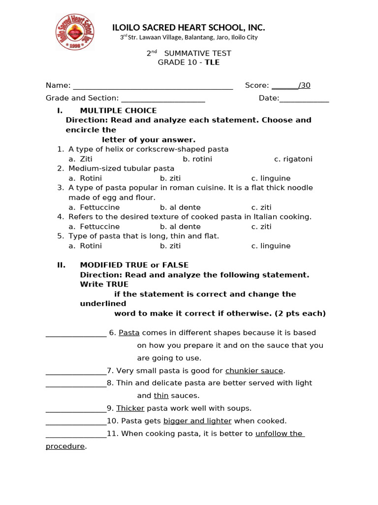 Grade 10 TLE 2nd Periodical Exam | PDF | Pasta | Food And Drink Preparation