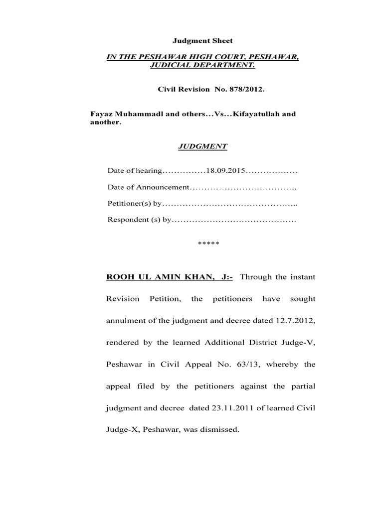 ORder II Rule 2 CPC Perfect Judgmnet Civil Revision No. 878 2012 Fayaz Muhammad Vs Kidayatullah ...