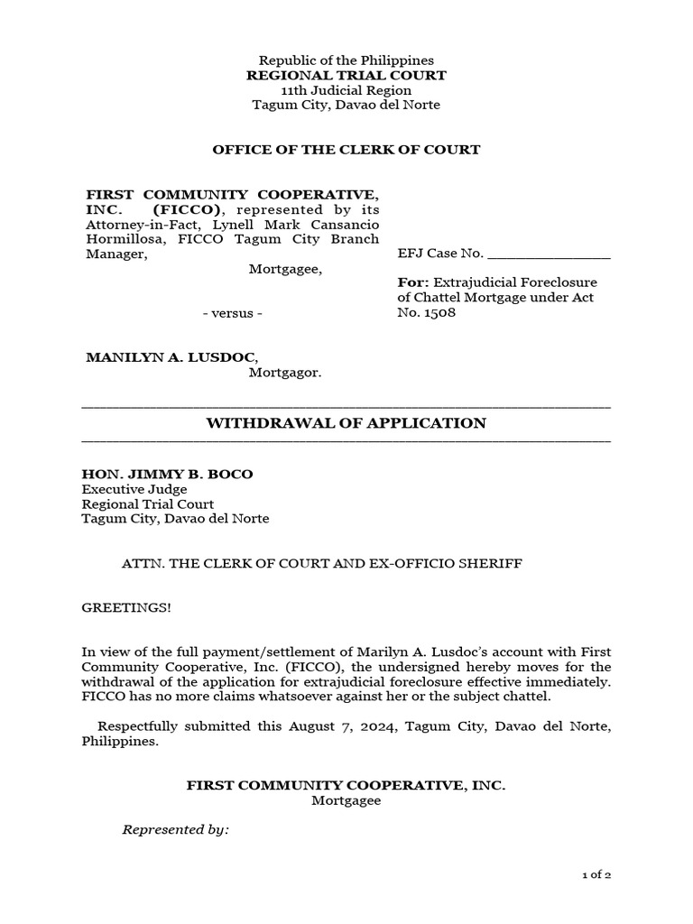 Ficco - Withdrawal of Application For Extrajudicial Foreclosure of ...