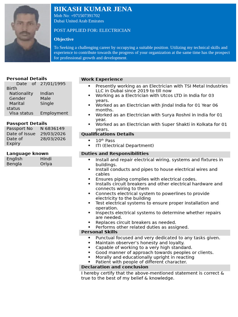 Resume - Dubai | PDF | Electrician