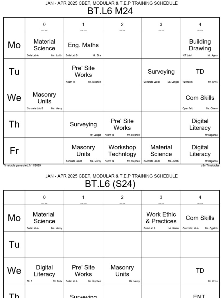 Timetable Jan - Apr 2025 | PDF | Science | Mathematics