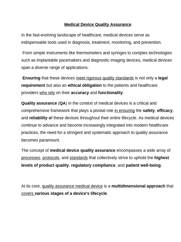 Medical Device Quality Assurance Overview | PDF | Medical Device ...