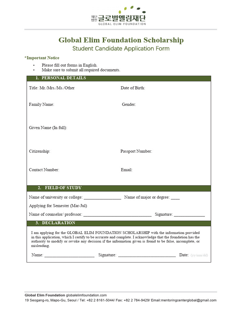 Global Elim Foundation Scholarship Form | PDF