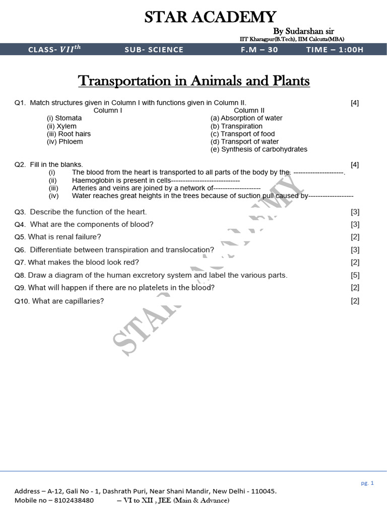 Class 7 Test: Transportation in Biology | PDF | Medical Specialties ...