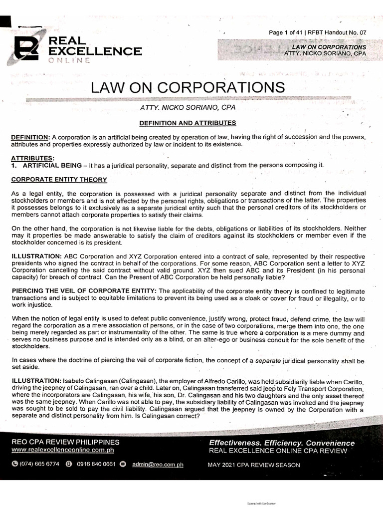REO RFBT Law On Corporations | PDF