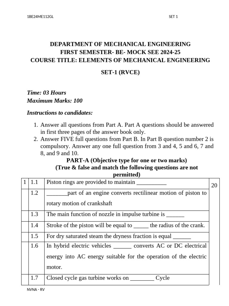 EME- 22ME13 Model Question Paper | PDF | Diesel Engine | Engines
