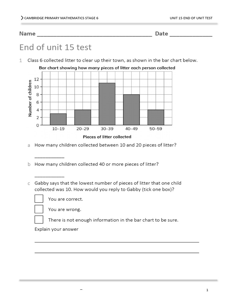 Prim Maths 6 2ed TR Unit 15 Test | PDF