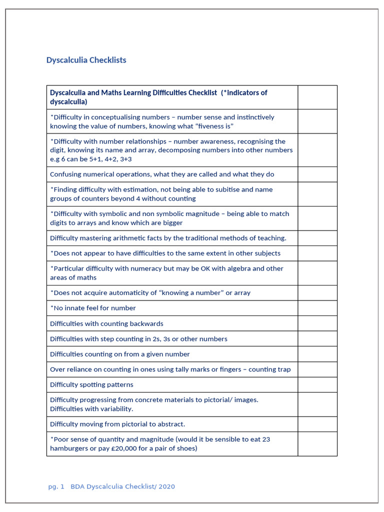 Dyscalculia Checklist | PDF | Numbers | Time