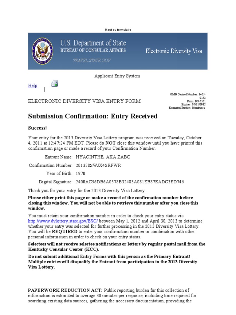 Submission Confirmation: Entry Received: Electronic Diversity Visa ...