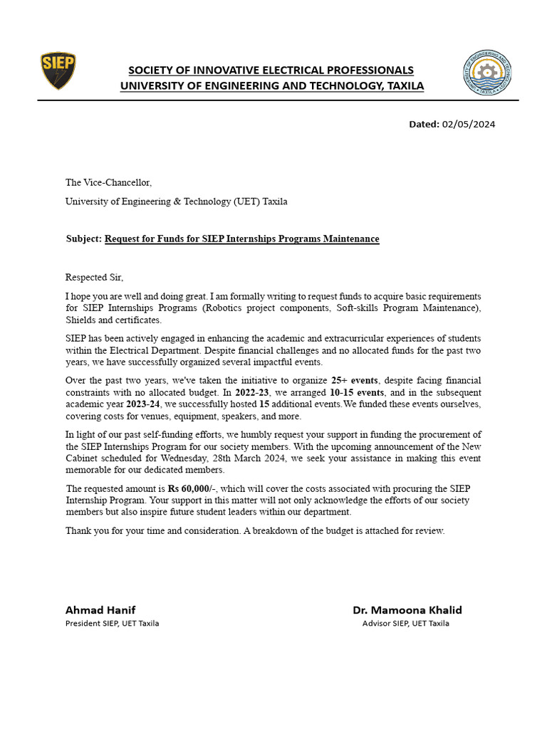 SIEP Internship Budget Application | PDF