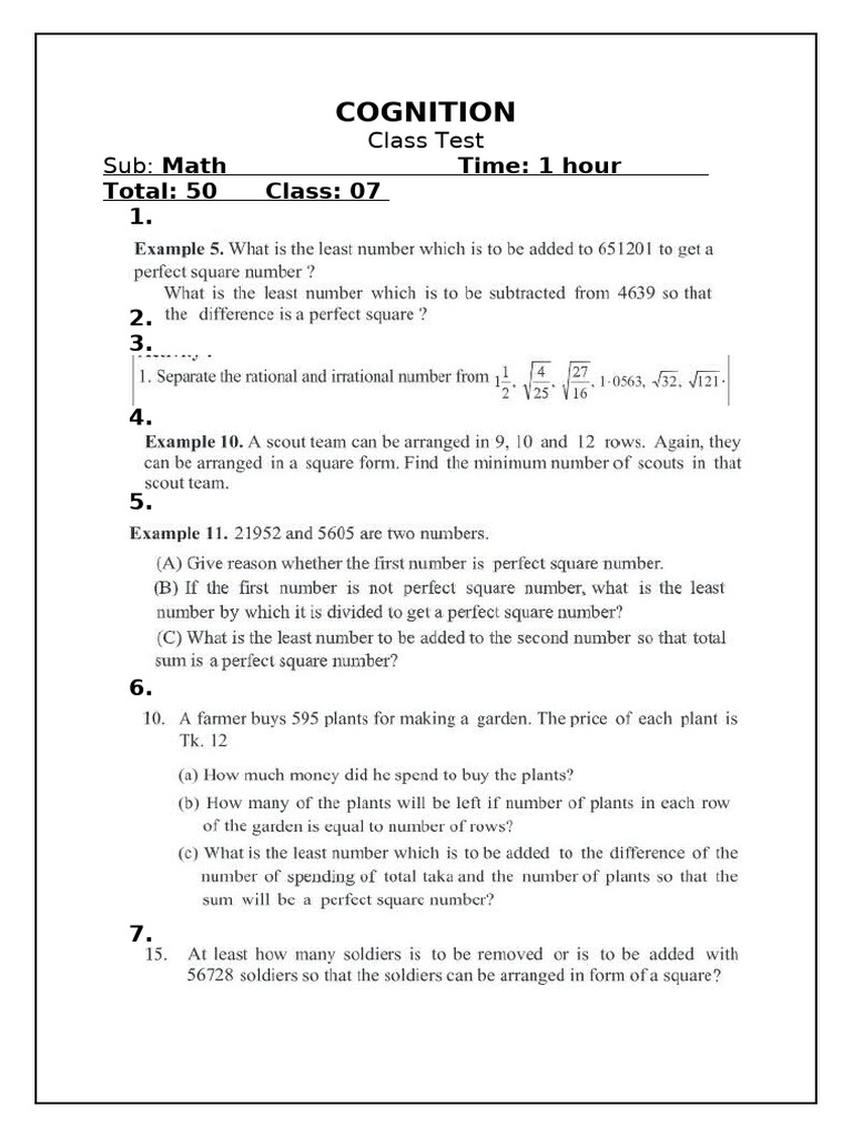 Math Class Test for Grade 7 | PDF