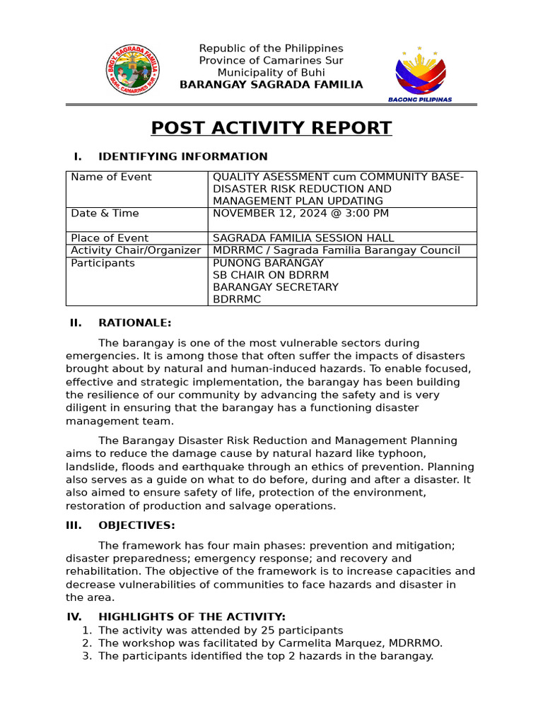 BDRRM Post Activity Report | PDF | Disaster Risk Reduction | Emergency ...