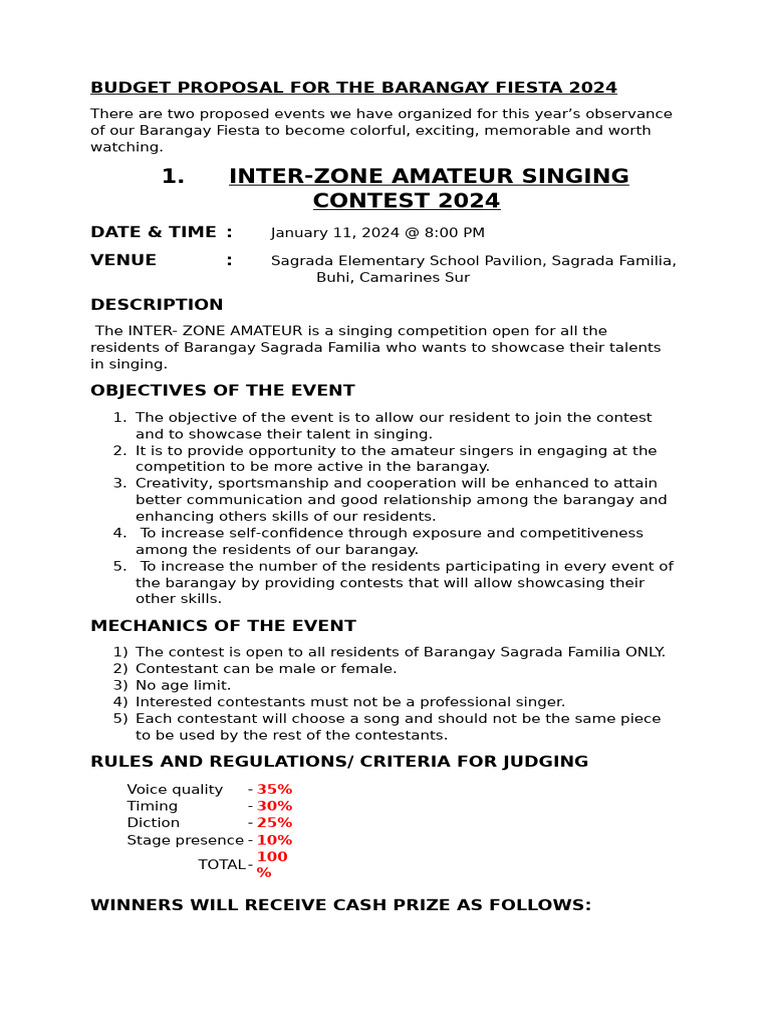 BUDGET PROPOSAL FOR THE BARANGAY FIESTA 2024 | PDF