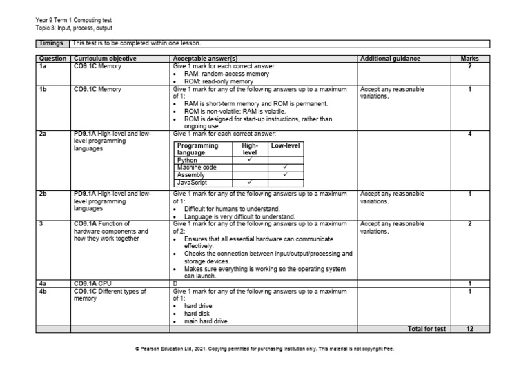 iLS Computing - Y9 - Input, Process, Output - Markscheme - Set 2 | PDF | Computer Data Storage ...
