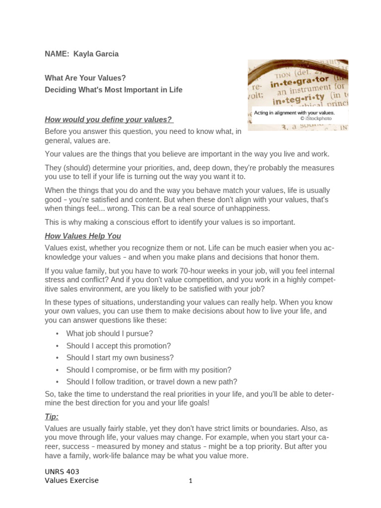 UNRS 403 Values Assignment | PDF | Happiness | Altruism