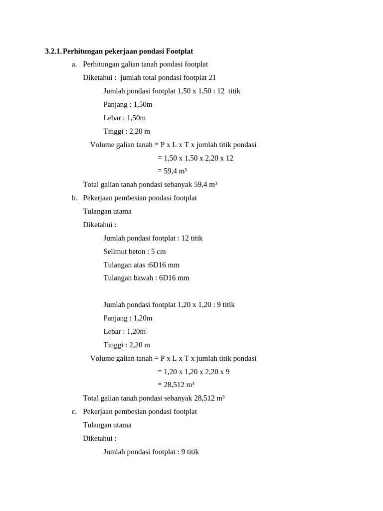 Perhitungan Pekerjaan Pondasi Footplat | PDF