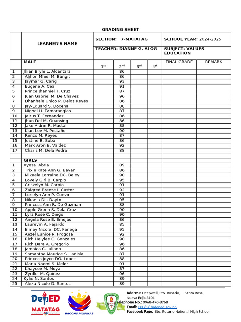 Values Education Grading Sheet 2024-2025 | PDF