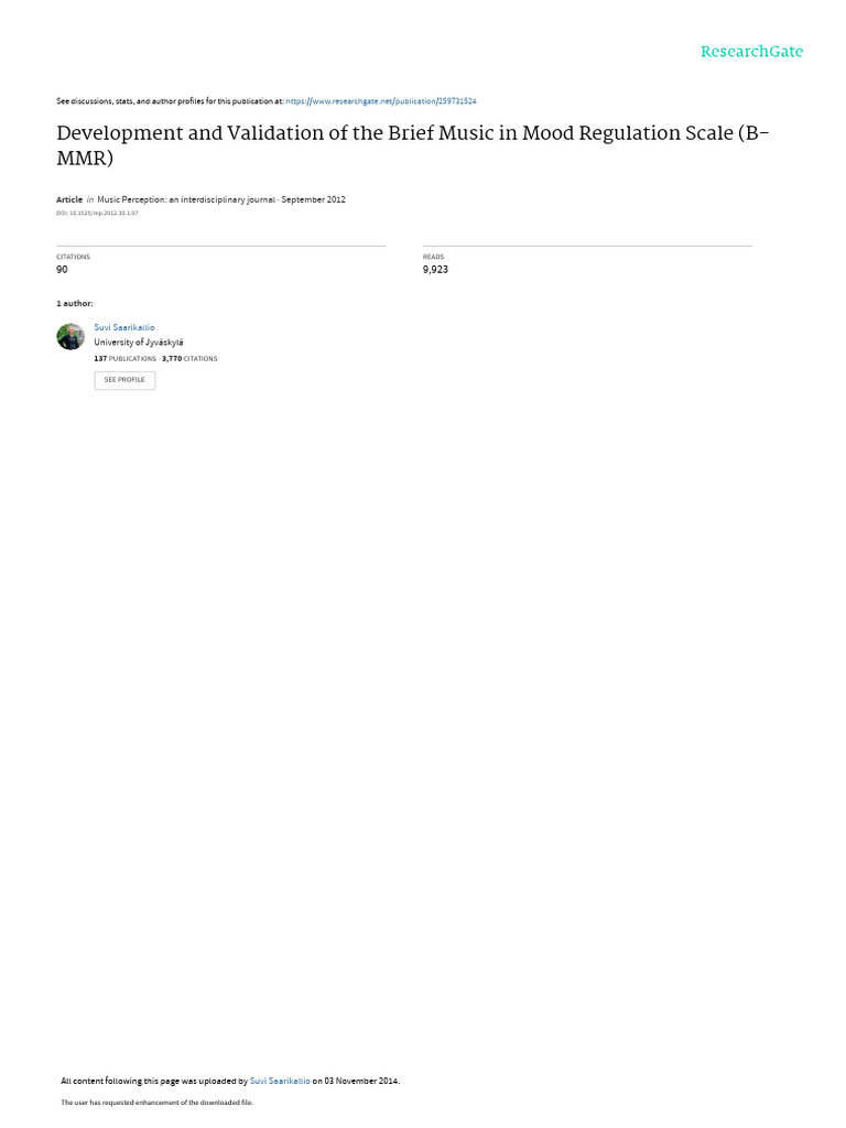 Brief Music Mood Regulation Scale (B-MMR) | PDF | Affect (Psychology ...