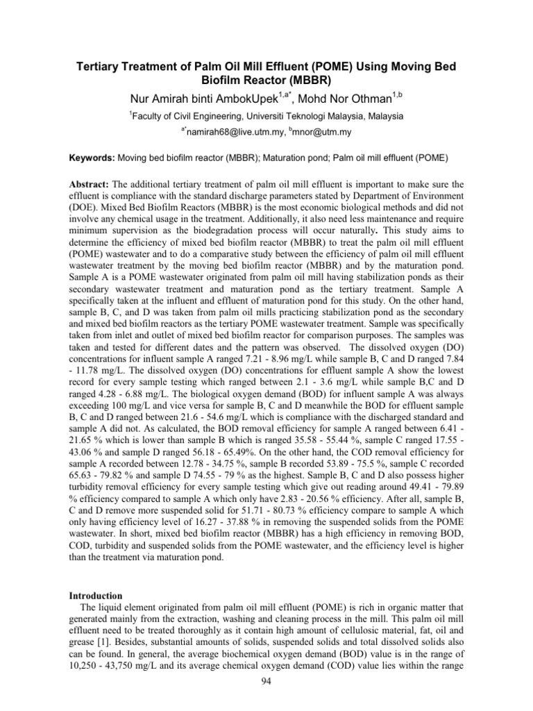 Tertiary Treatment of Pome Using MBBR | PDF | Sewage Treatment | Water ...