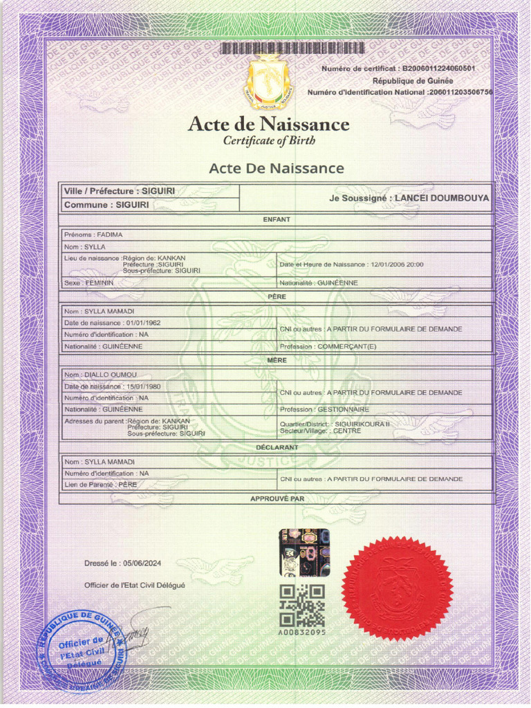 Fadima Sylla Extrait de Naissance | PDF