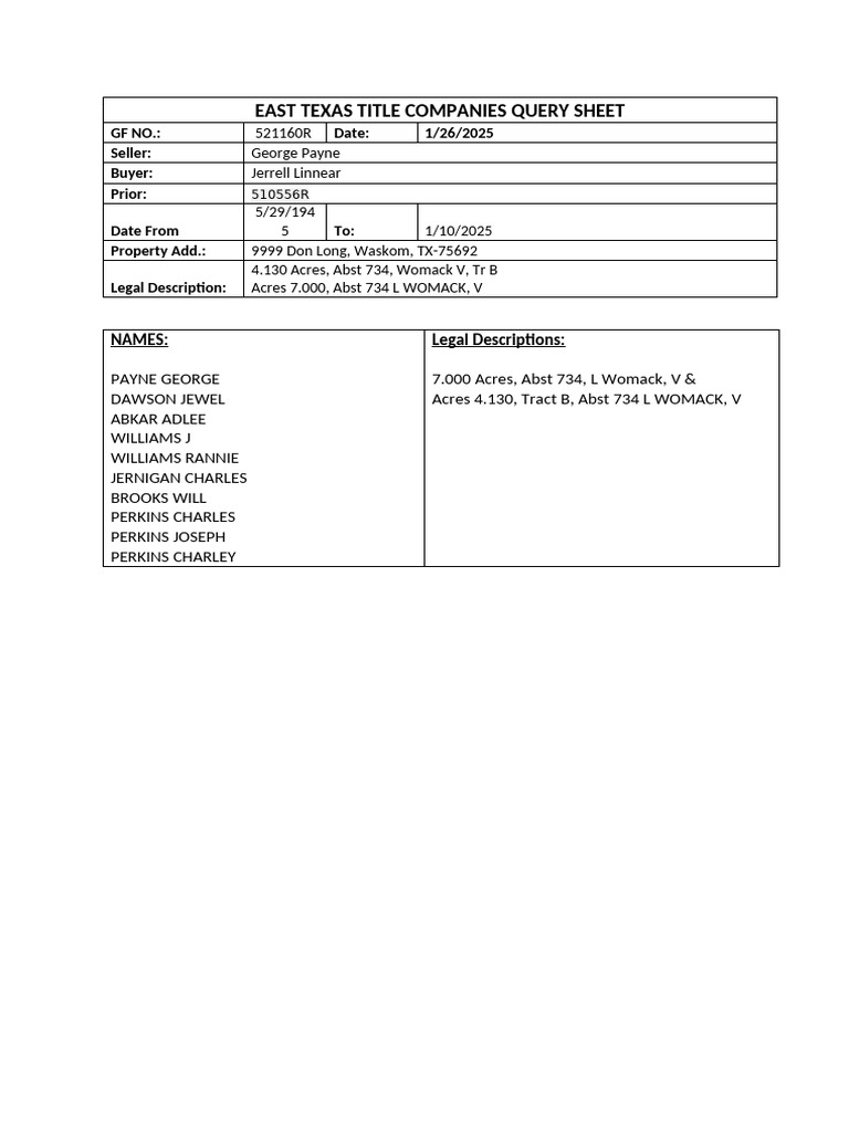 Query Sheet - 521160R | PDF