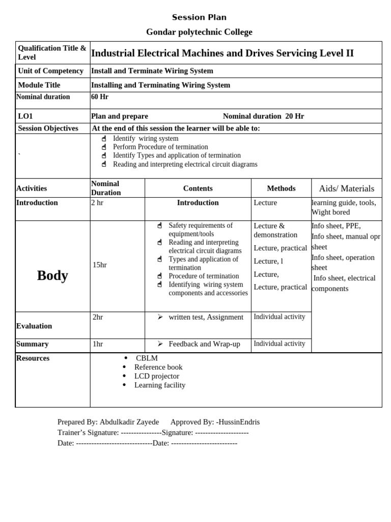 Wiring System Installation Session Plan | PDF | Electric Motor | Equipment