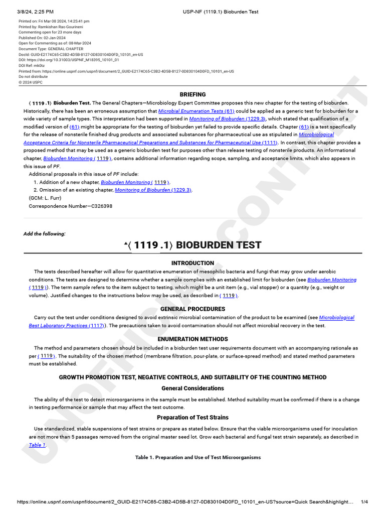 USP-NF 1119.1 Bioburden Test | PDF | Colony Forming Unit | Growth Medium
