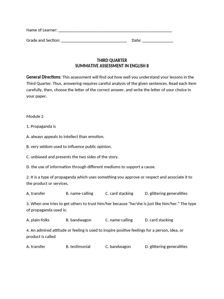 Summative Assessment in English 8 | PDF | Poetry