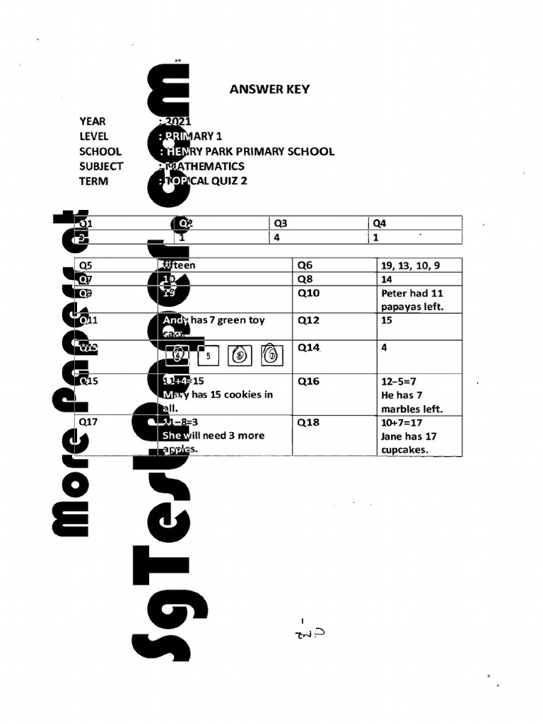 2021 P1 Maths Quiz 2 Henry Park Answer | PDF