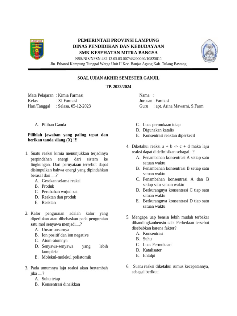 Soal Uas Kimia Farmasi | PDF
