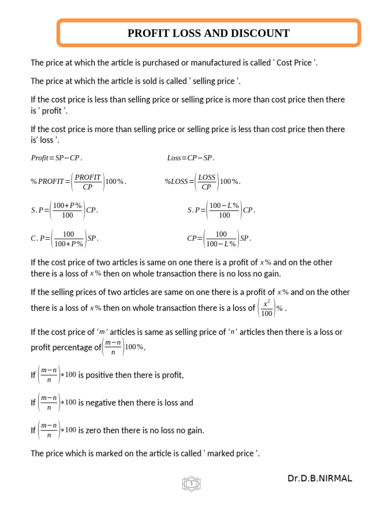 Profit, Loss, and Discount Formulas | PDF | Prices | Cost