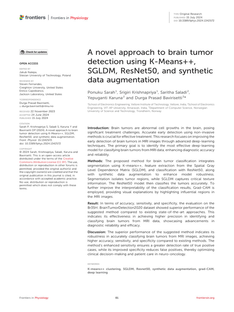 A Novel Approach To Brain Tumor Detection Using K-Means++, SGLDM, ResNet50, and Synthetic Data ...