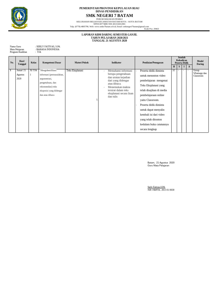 LAPORAN_KBM_DARING_&_LAMPIRAN_XI_TJA_1_21_agustus_2020_KEGIATAN (2) | PDF