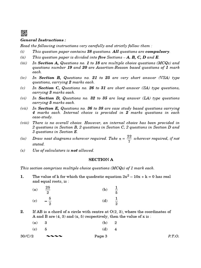 X Maths Test | PDF | Circle | Multiple Choice